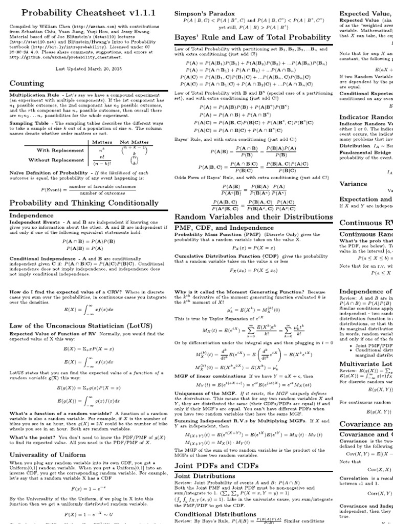 Probability Cheat Sheet | PDF