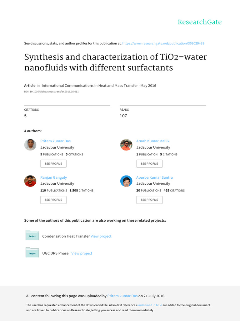 2016 P K Das Synthesis And Characterization Of Tio2 Water Nanofluids With Different
