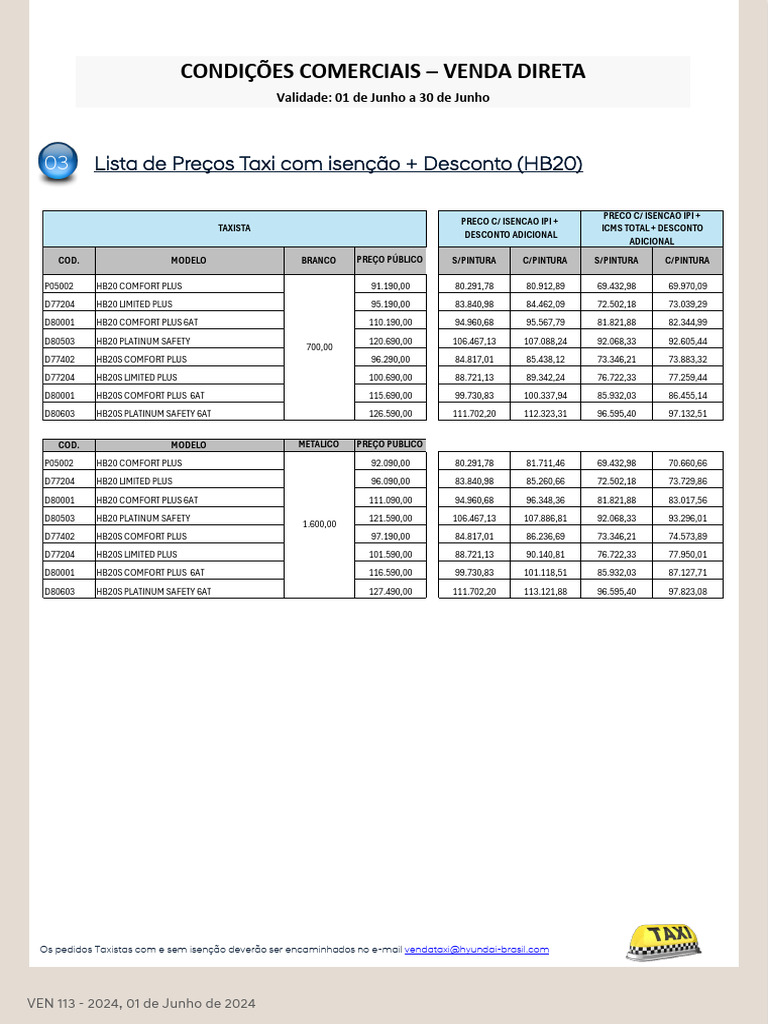 TABELA TAXI JUNHO | PDF | Aluguel de veículos