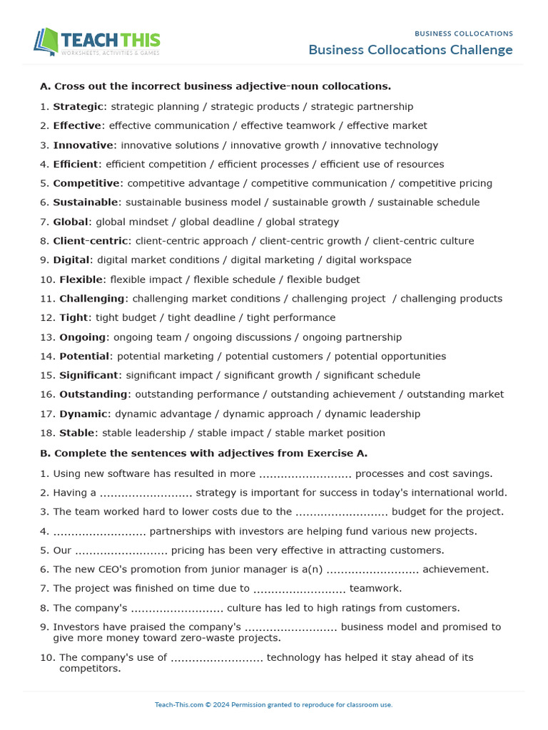 Business Collocations Challenge Worksheet | PDF | Marketing | Business ...