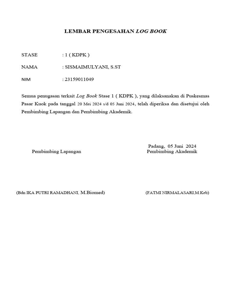 Log Book KDPK Sismaimulyani, S.S.T | PDF | Sains & Matematika