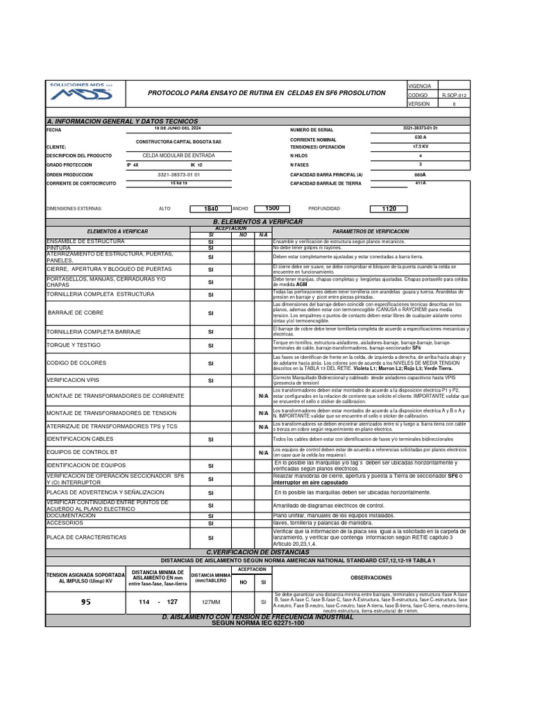 R-SOP-012 V0 Protocolo para Ensayos de Rutina en Celdas en SF6 PROSOLUTION (4) V2022 | PDF ...
