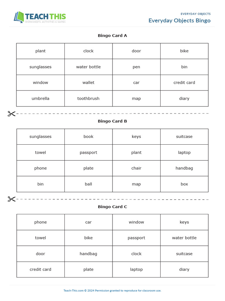 Everyday Objects Bingo Cards & Activities | PDF