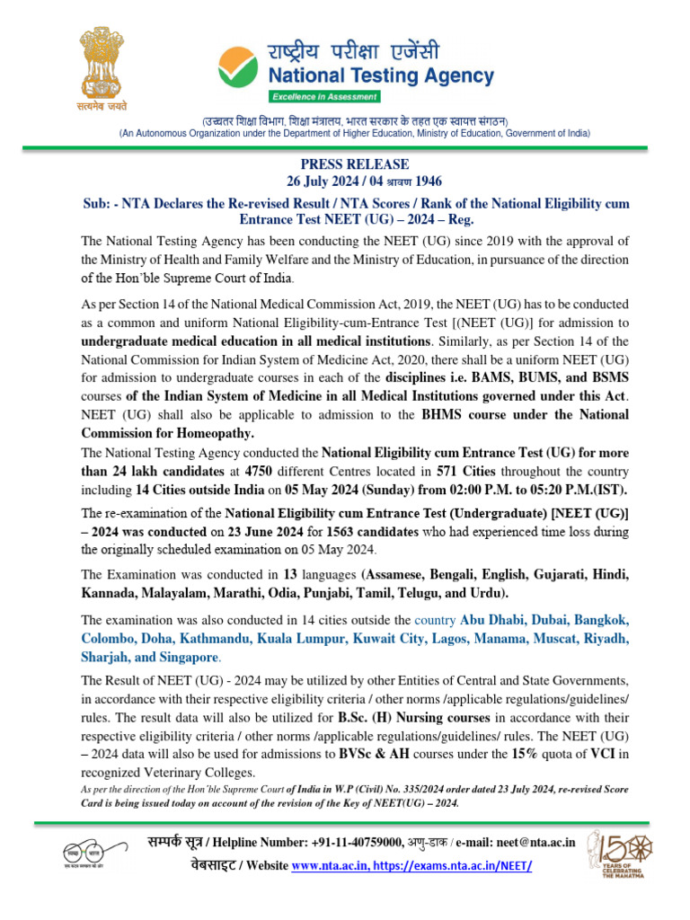 Press Release for the Revised Result Declaration of the NEET (UG ...