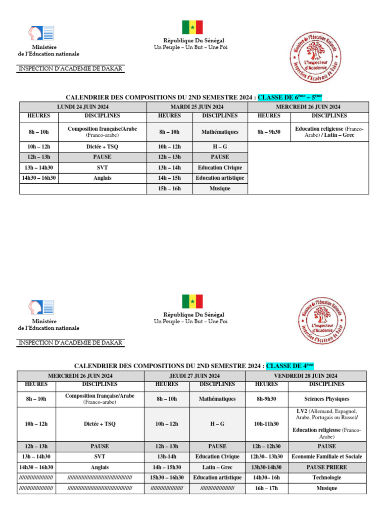 Calendrier 2nd Sem 2024 - 6e-5e-4e | PDF