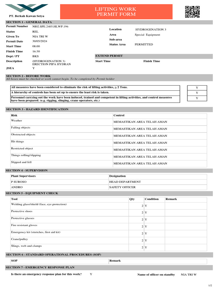 Lifting Work Permit Form: All Boxes Must Be Checked or Work Cannot ...