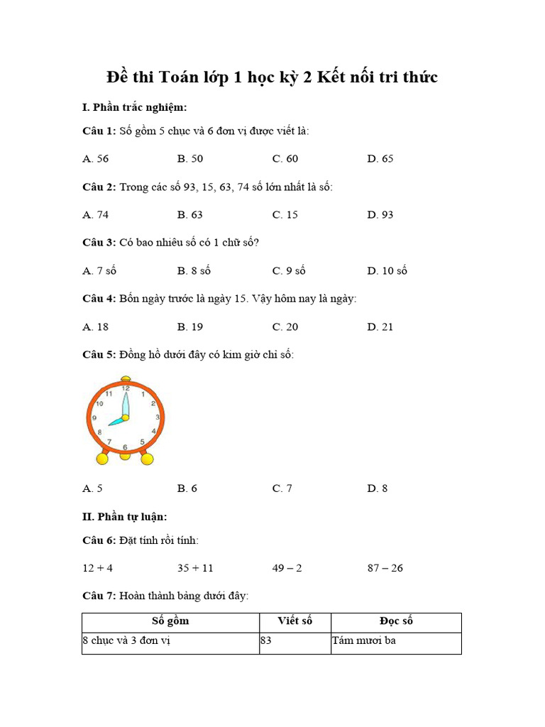 De Thi Toan Lop 1 Hoc Ky 2 KNTT de 1 | PDF