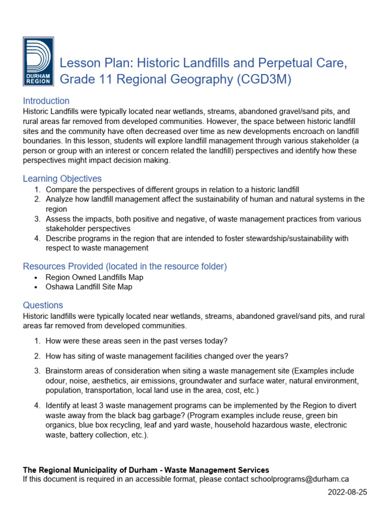 Durham Waste Management Lesson Plan | PDF | Waste | Waste Management