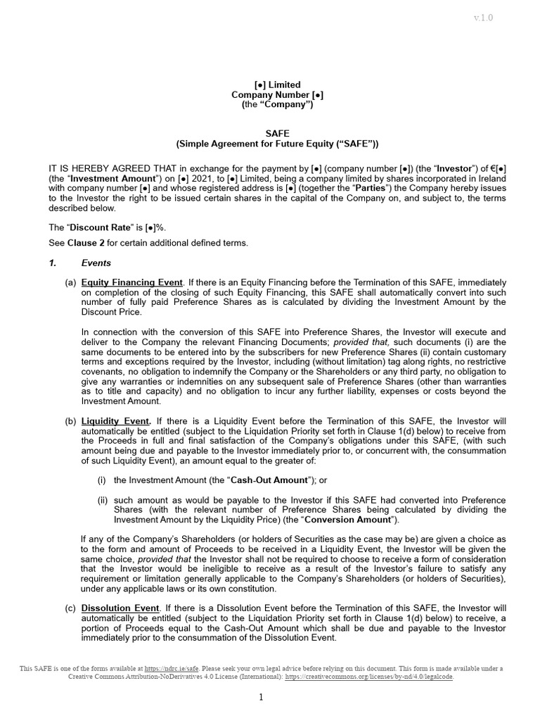 Irish SAFE Agreement Template | PDF | Stocks | Securities (Finance)