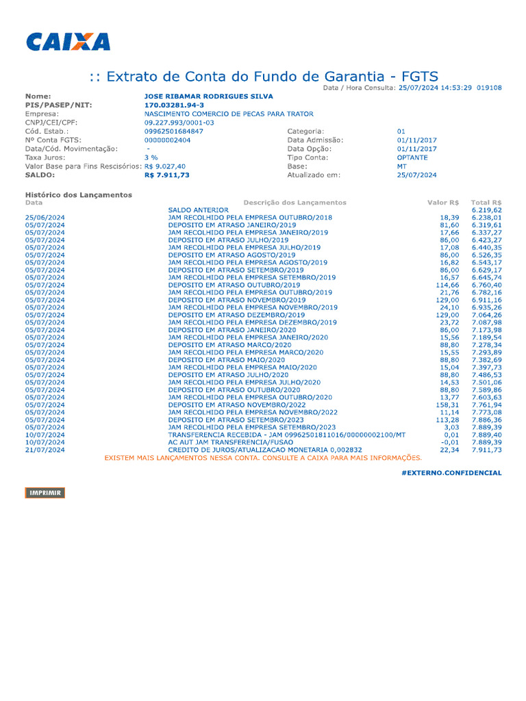 Extrato de Fgts - Conta 1 | PDF