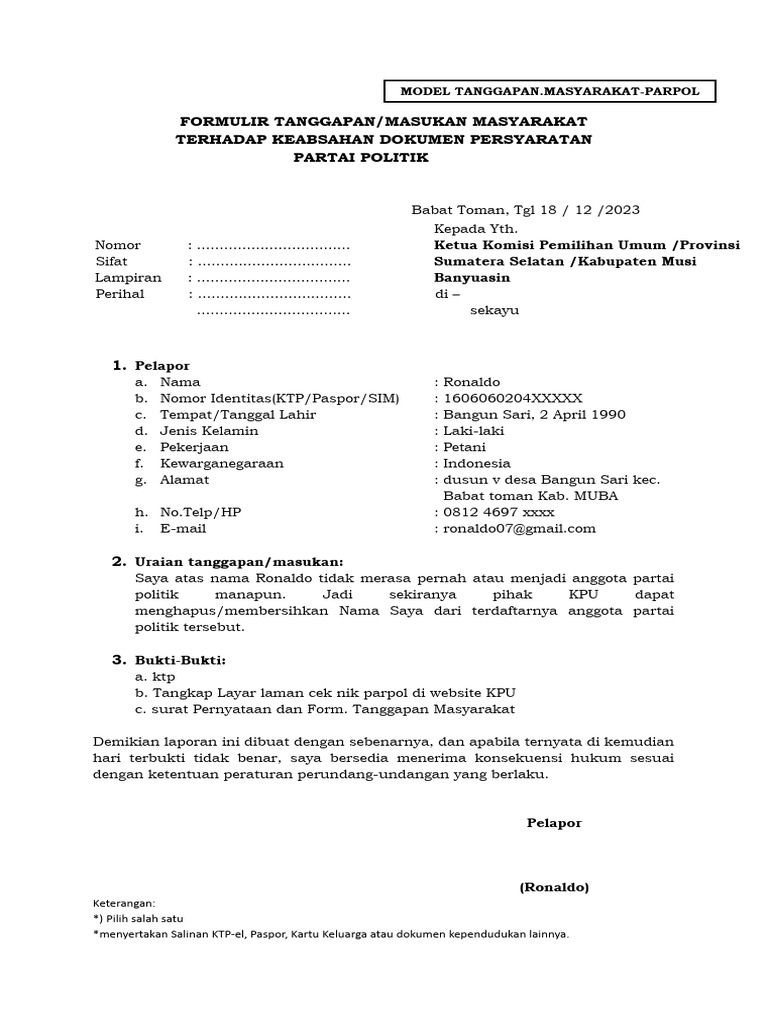 Contoh Model - Tanggapan - Masyarakat-Parpol | PDF