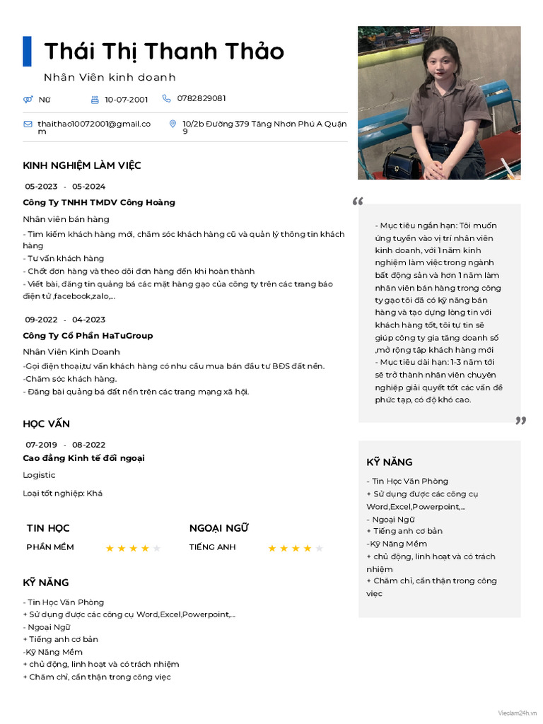 Thai Thi Thanh Thao CV Vieclam24h vn1716279886 171627989098 | PDF
