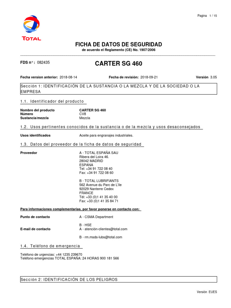 Aceite Carter SG 460 Total FDS | PDF | Residuos | Administración de Seguridad y Salud Ocupacional