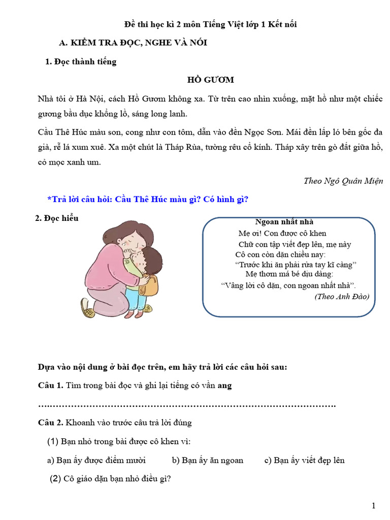 De Thi Hoc Ki 2 Mon Tieng Viet Lop 1 KNTT de 1 | PDF