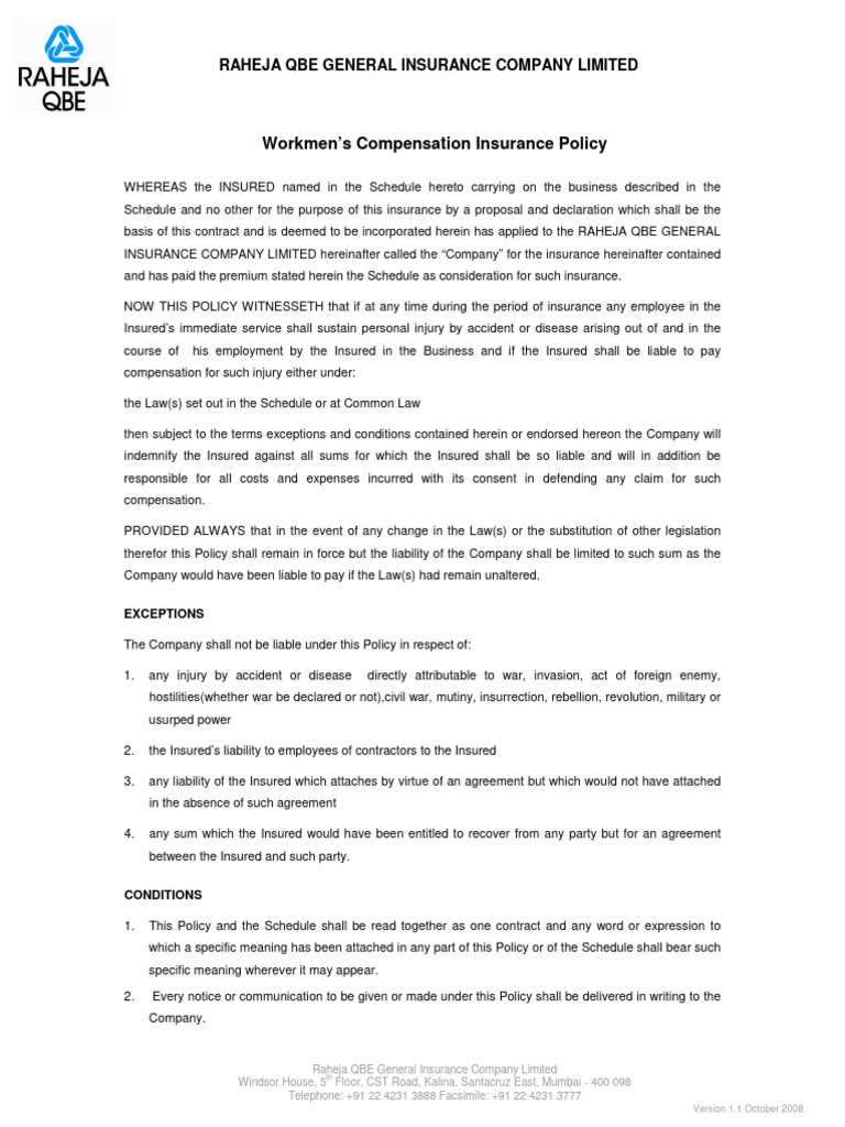 61.workmen's Compensation - Policy Wording | PDF | Insurance | Arbitral ...