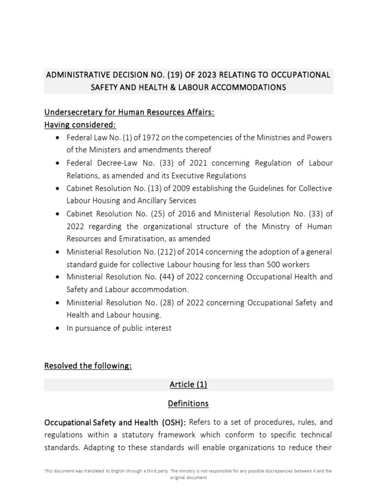 Administrative Decision No 19 of 2023 Relating To Occupational Safety and Health Labour ...