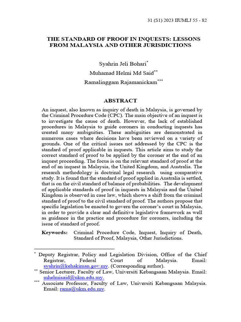 Standard of Proof in Malaysian Inquests | PDF | Burden Of Proof (Law ...