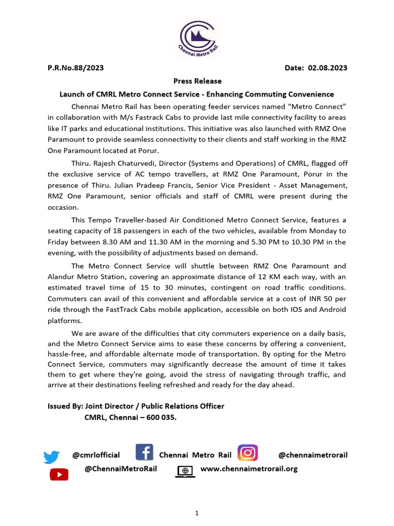 CMRL Launches Metro Connect Service | PDF | Business | Technology ...