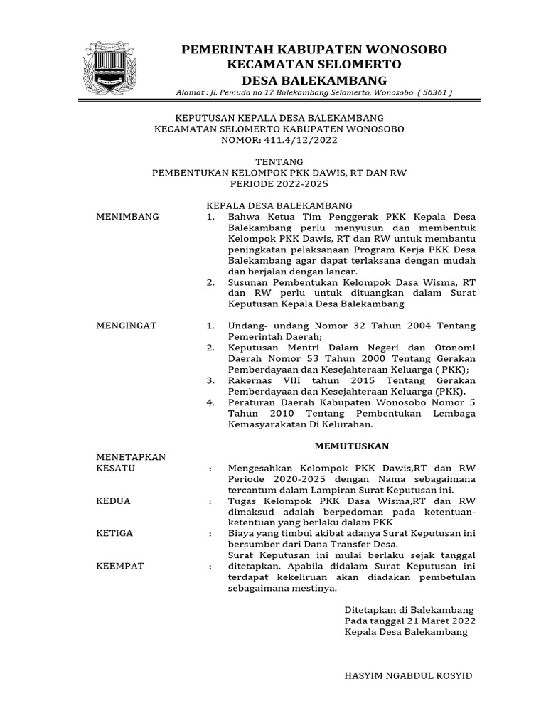 SK PKK RT, RW, Dan Dawis | PDF