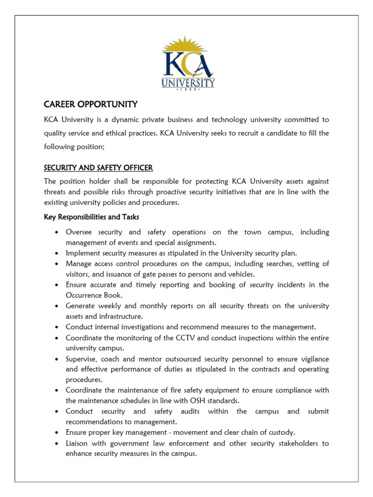 KCA University Security Officer Job Opening | PDF | Safety | Securities