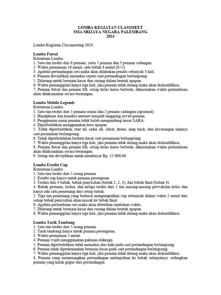 Lomba Kegiatan Classmeet 2024 | PDF