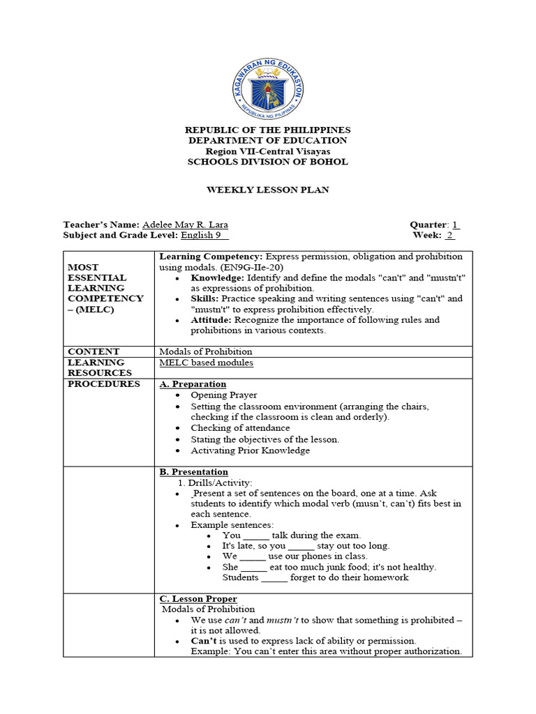 Q1 Week 2 Modal of Prohibition | PDF | Learning | Lesson Plan