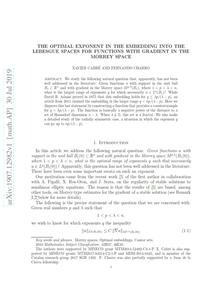 Cabre-The Embedding-Lebesgue Spaces For Functions With Gradient in Morrey Space | PDF ...