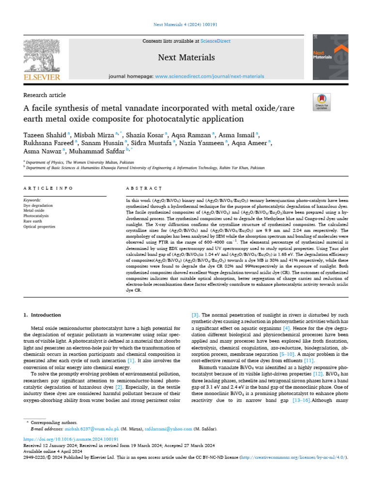Metal Vanadate for Dye Photocatalysis | PDF | Materials | Applied And ...