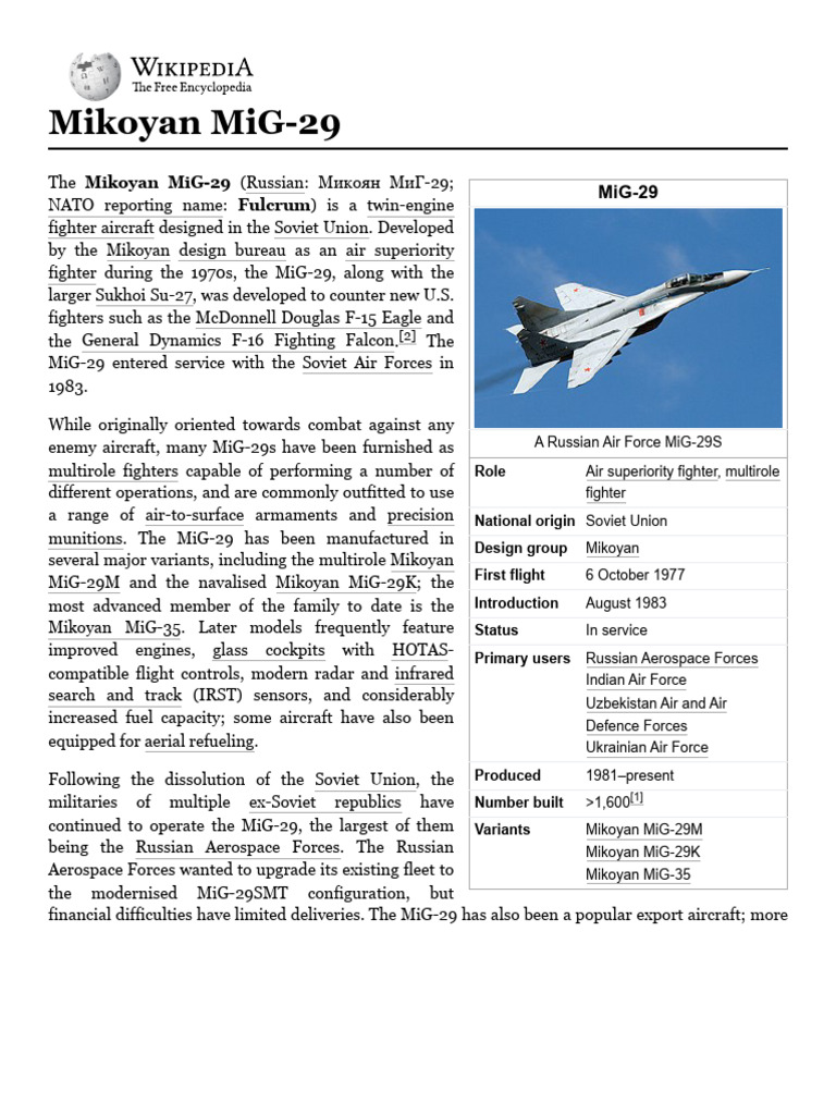 MiG-29: Soviet Air Superiority Fighter | PDF | Fighter Aircraft | Aviation