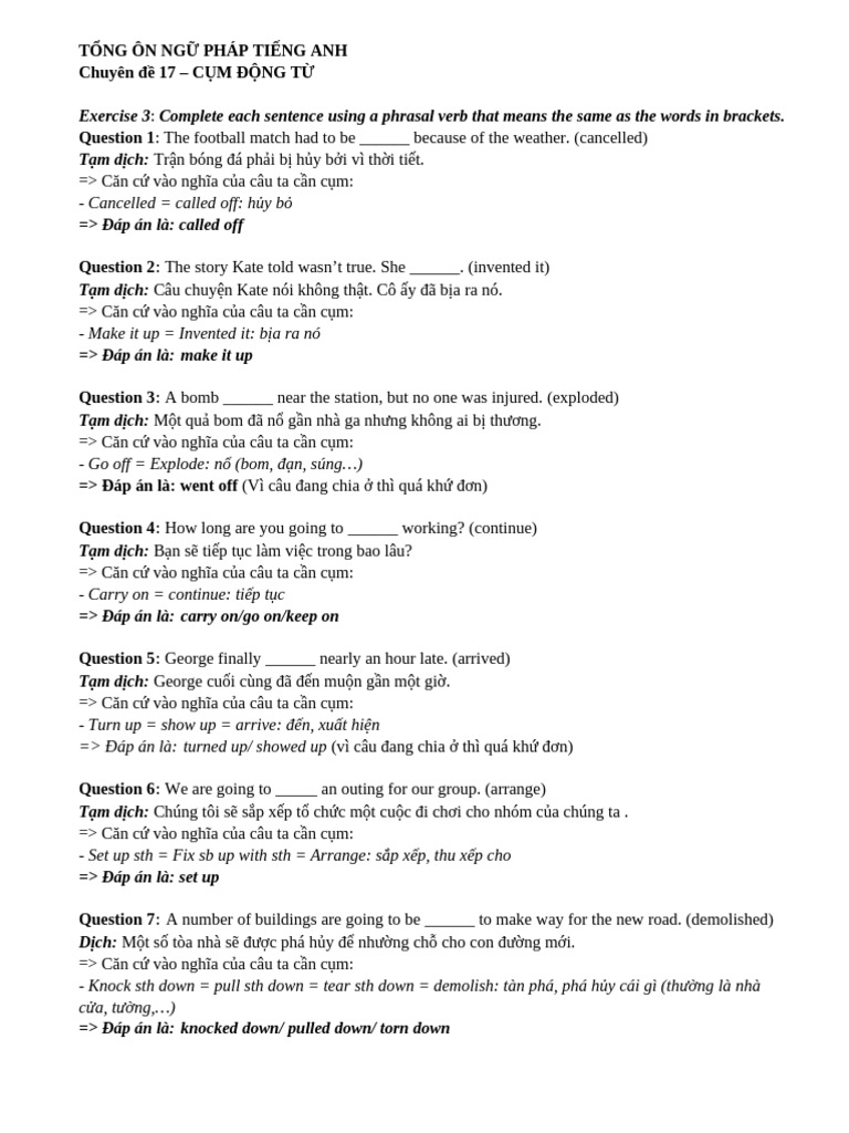 Đáp án Tổng ôn ngữ pháp tiếng anh CD17 Exercise | PDF