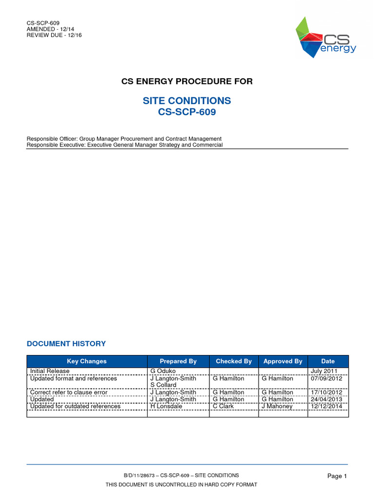 CS Energy Site Conditions Procedure | PDF | Occupational Safety And ...