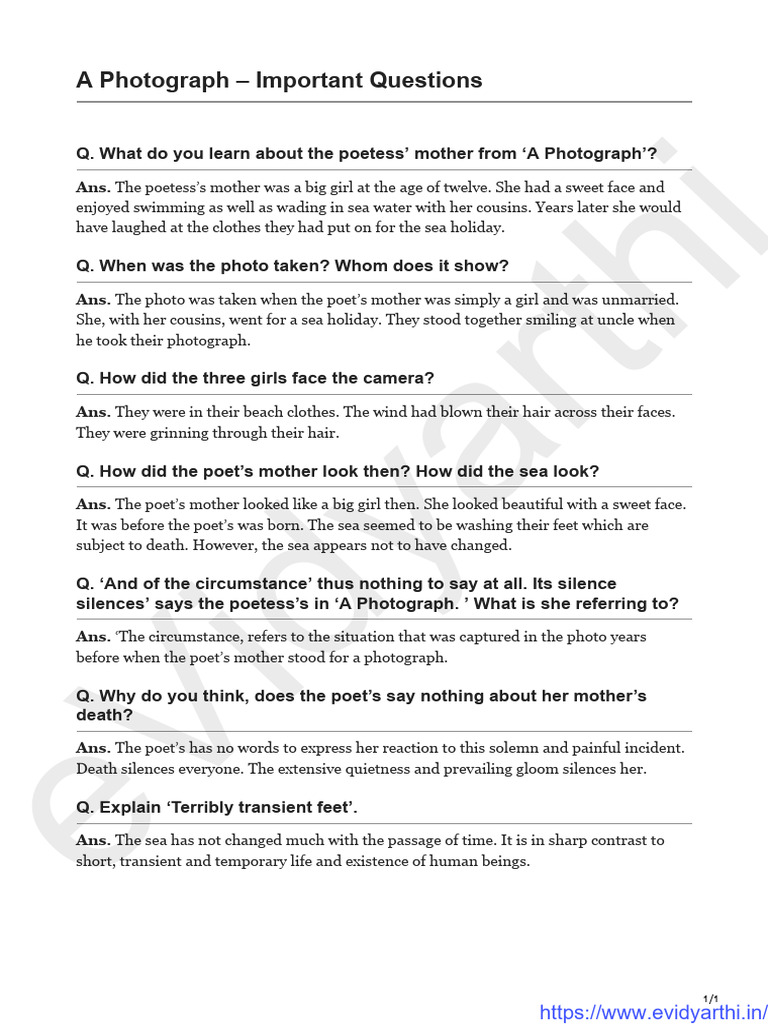 Class 11 Poem 1 English Poetry Important Questions | PDF