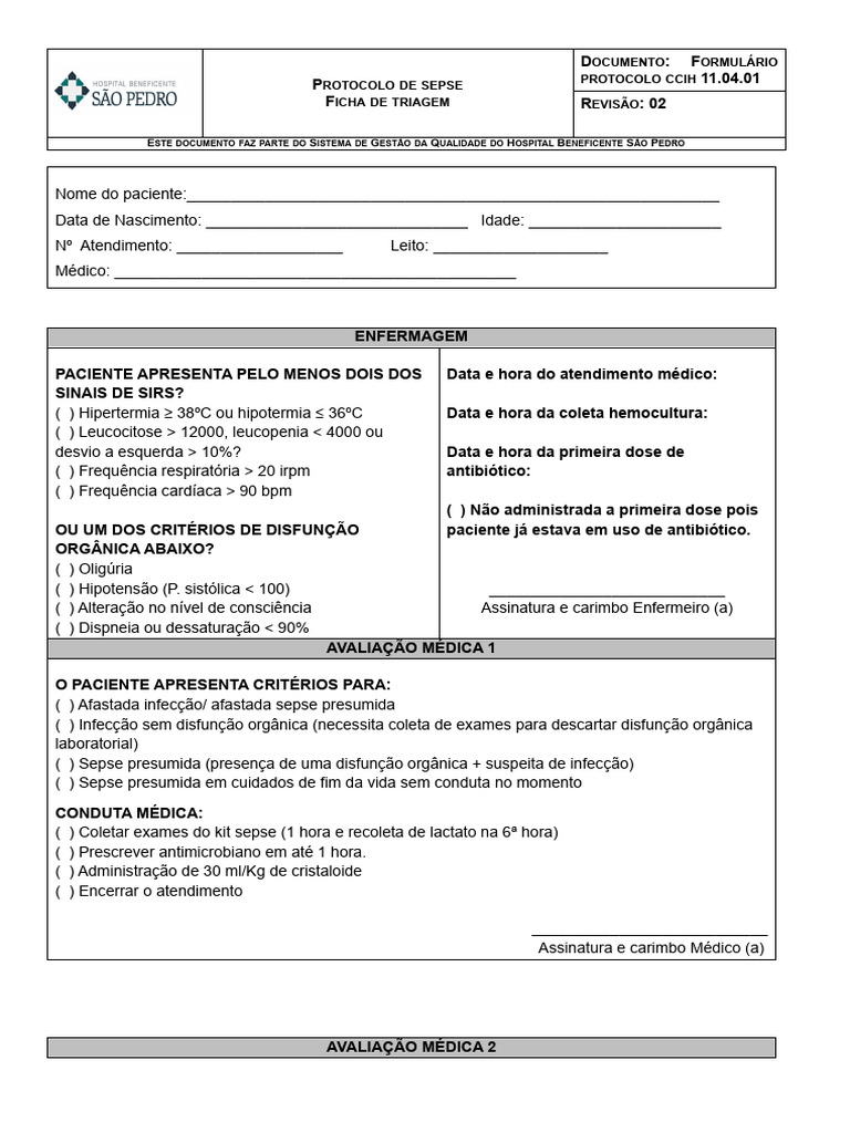 Formulário Protocolo CCIH 11.04.01 - Ficha de Triagem Sepse | PDF ...