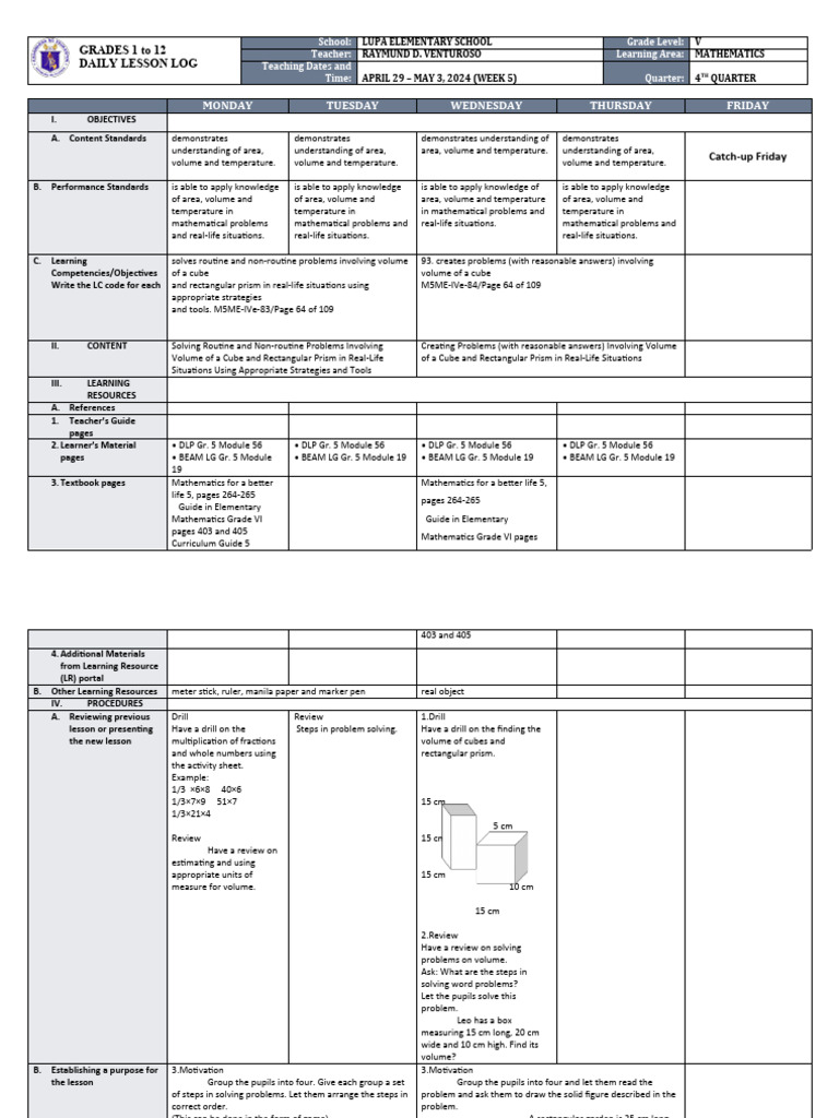 DLL Mathematics 5 q4 w5 | PDF | Volume | Mathematics