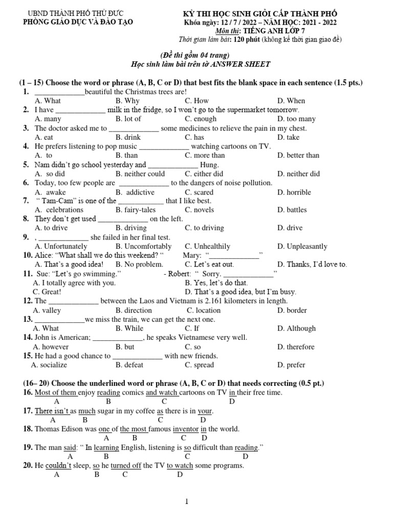 Chính thức-DEHSG - ANH 7 | PDF