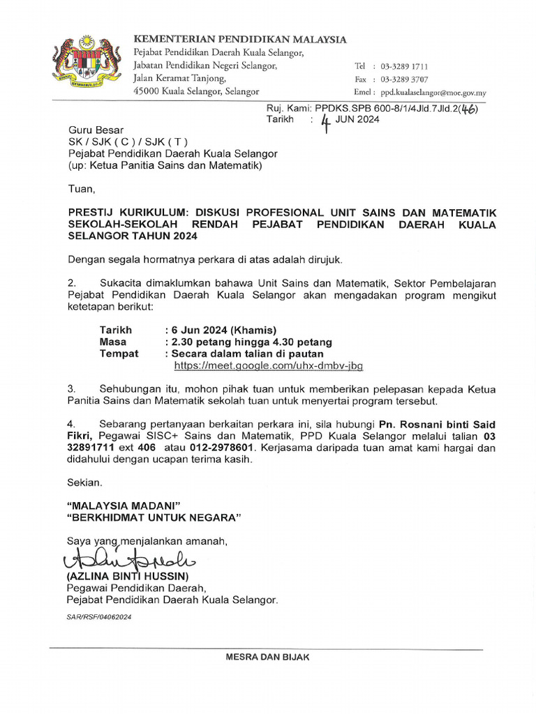 Surat Diskusi Profesional Unit Sains Dan Matematik Sek Rendah | PDF