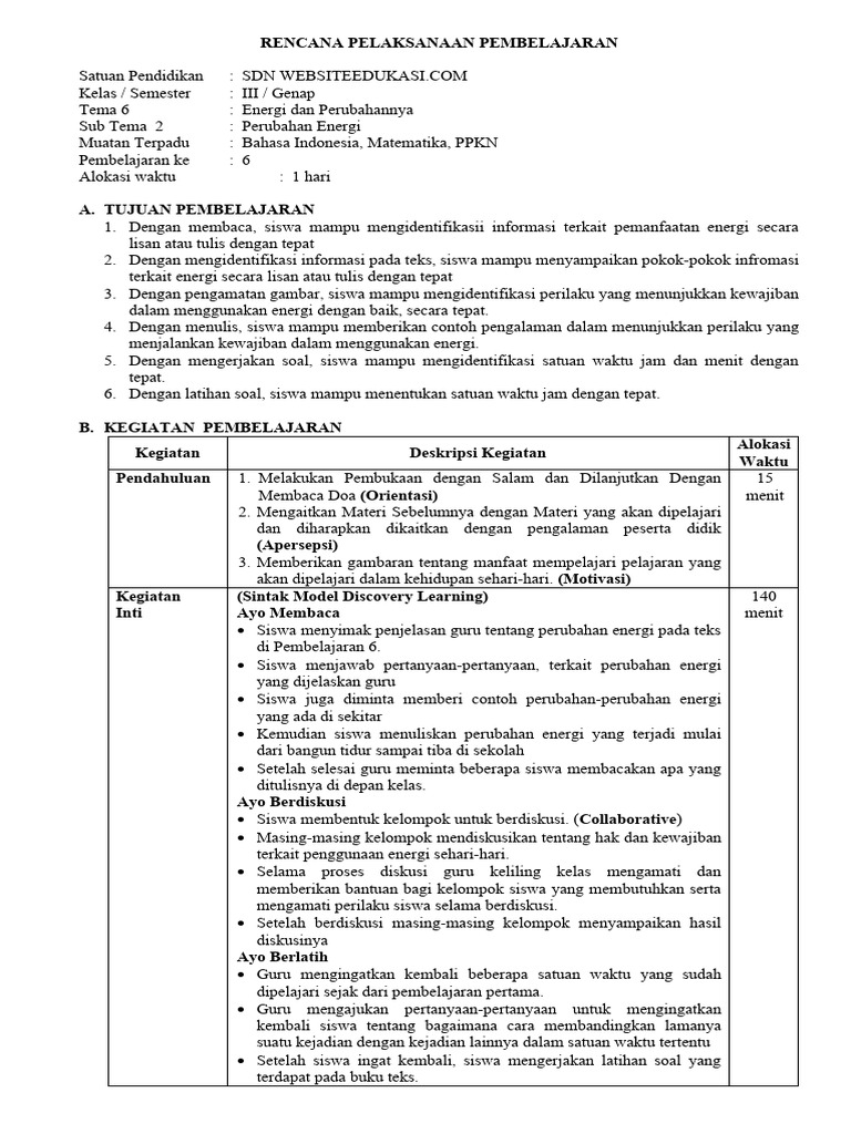 RPP 1 Lembar Kelas 3 Tema 6 ST 2 PB 6 | PDF