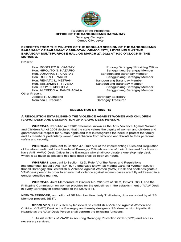 Resolution No. 15 - VAWC Chairman | PDF | Policy | Gender And Development