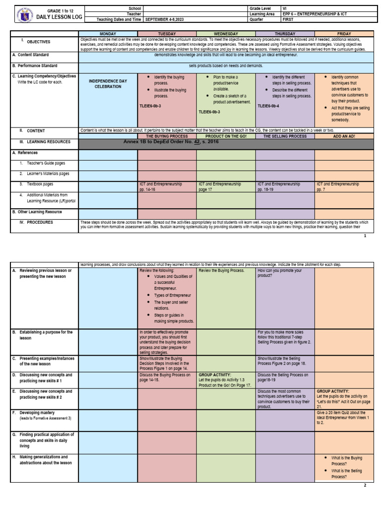 Daily Lesson Log: Annex 1B To Deped Order No. 42, S. 2016 | PDF | Educational Technology | Learning