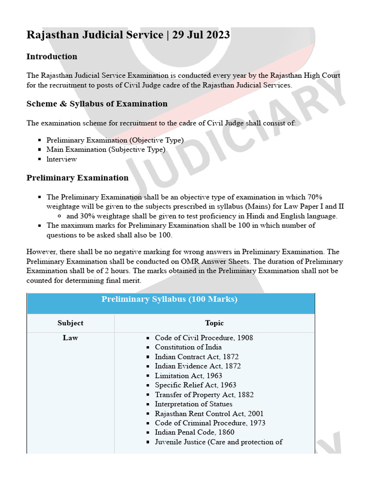 Rajasthan Judicial Service - 29 Jul 2023: Preliminary Syllabus (100 ...