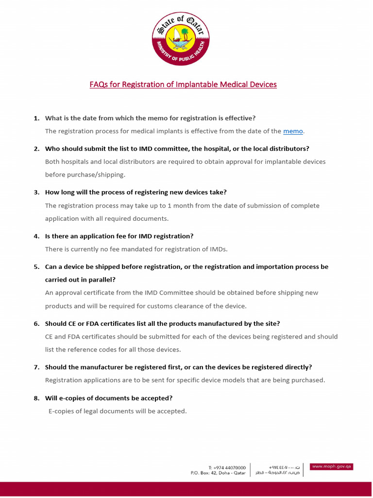 IMD Registration FAQs for Qatar | PDF | Medical Device | Food And Drug ...