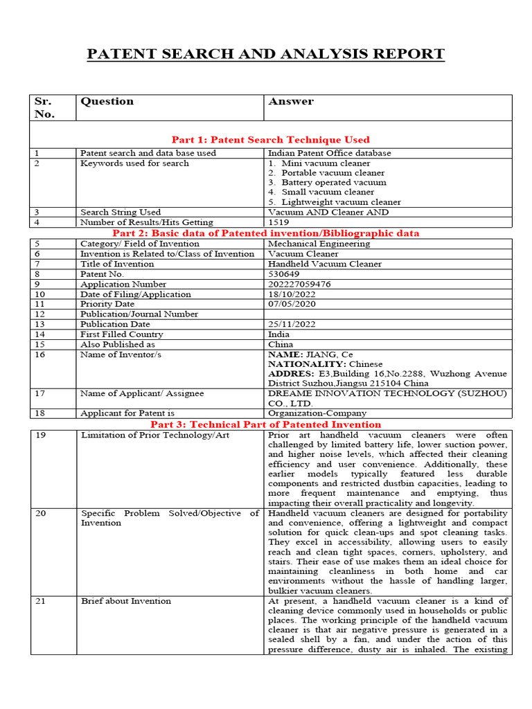Patent Search and Analysis Report | PDF | Vacuum Cleaner | Patent