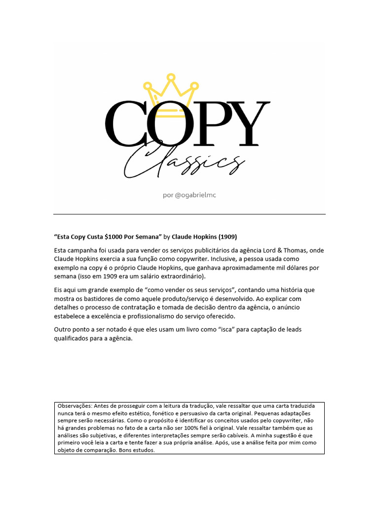 Analise - Ad Esta Copy Custa 1000 Dolares - Claude Hopkins | PDF ...