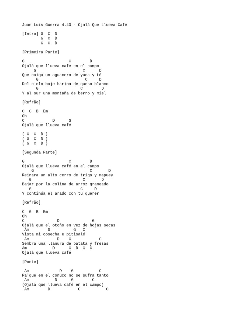 Ojalá Que Llueva Café - Letra y Acordes | PDF | Alimentos basicos ...