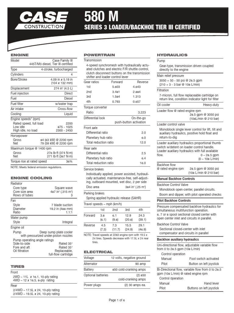 CCE1300801 580M Series 3 Spec Sheet | PDF | Loader (Equipment) | Manufactured Goods