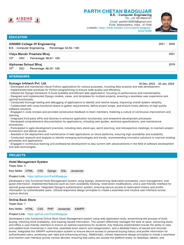 Parth Badgujar Resume | PDF | Application Software | World Wide Web