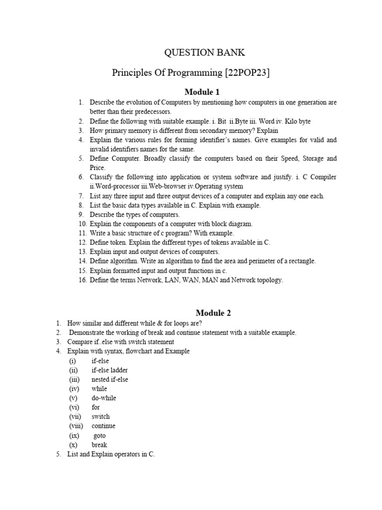 Module Wise Question Bank POP | PDF | Pointer (Computer Programming) | C (Programming Language)