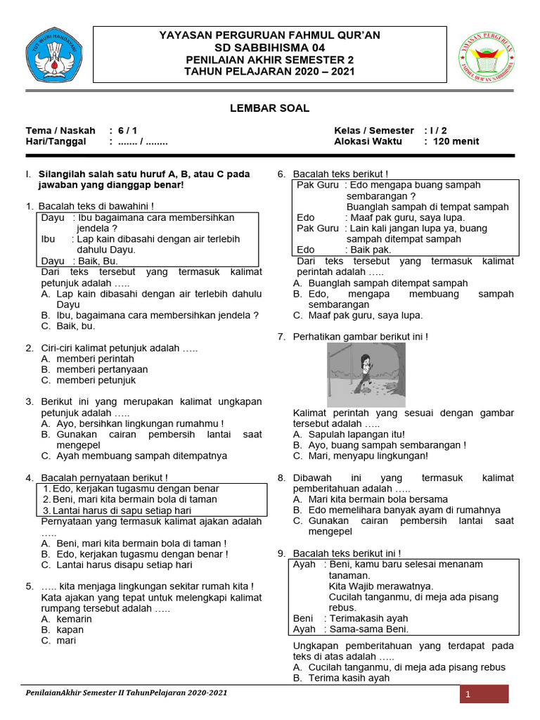 Soal KLS 1 Tema 6 Naskah 1 | PDF