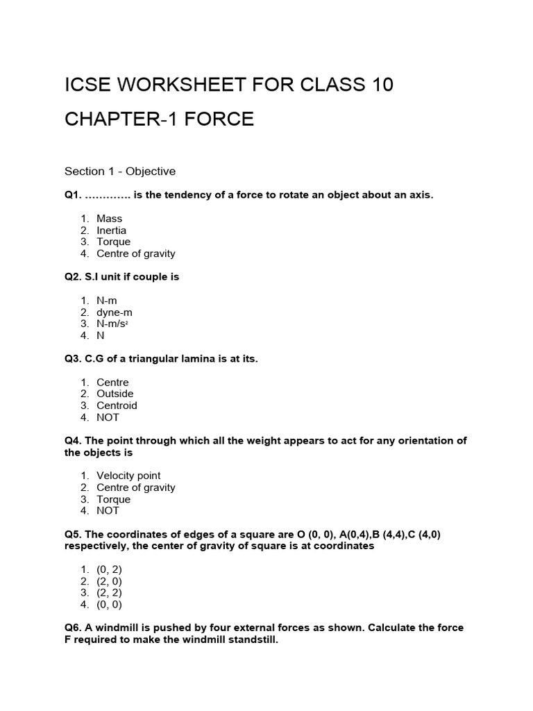 Icse Worksheet For Class 10 | PDF | Force | Lever