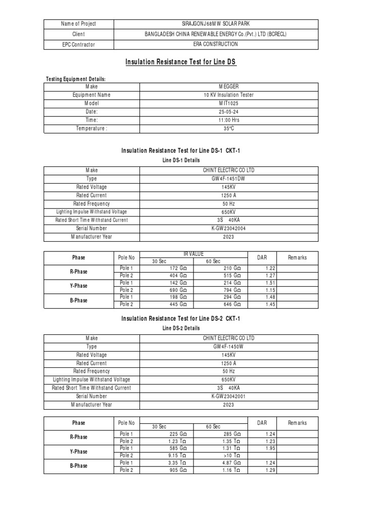 Solar Park Ckt-1 Ds Ir Test Report | PDF | Insulator (Electricity ...